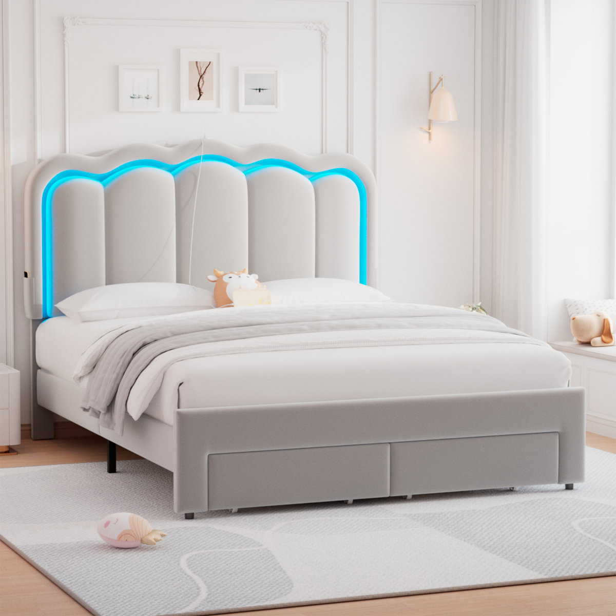 Mercer41 Daphne Upholstered LED Bed Frame With Drawer & Adjustable Headboard, Kids Beds ...